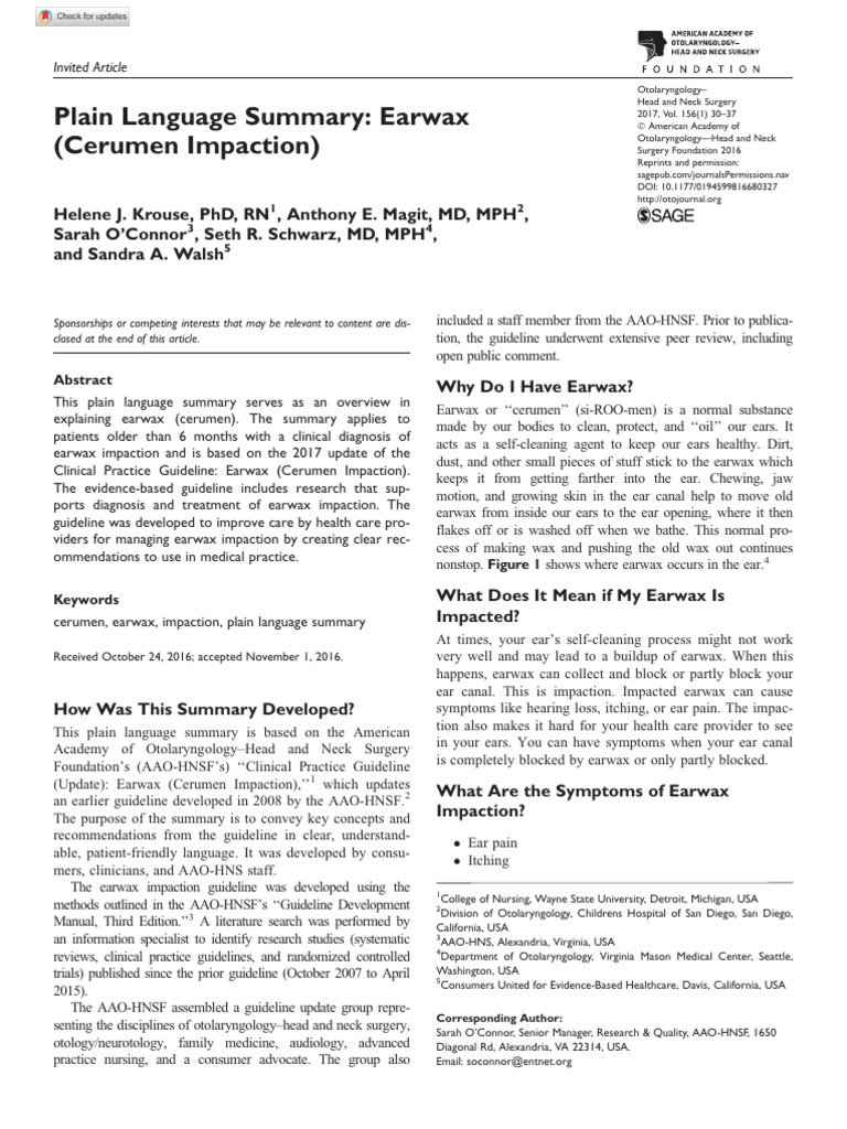 Krouse Et Al 2017 Plain Language Summary Earwax (Cerumen Impaction ...
