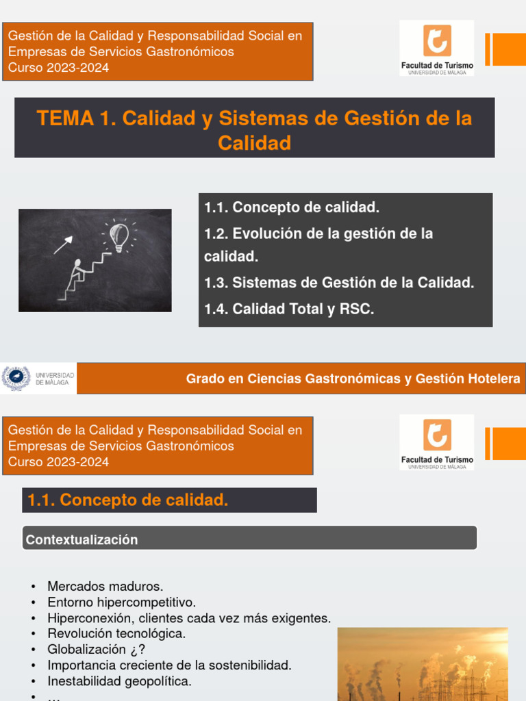 Presentación Tema 1 Gestión Calidad y RSC CGGH 2024 | PDF | Calidad (comercial) | Gestión de la ...