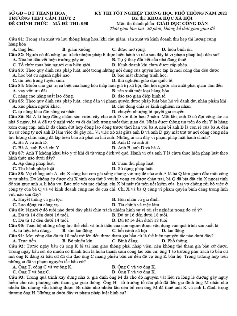 Đề thi GDCD 12 - Đề 50 | PDF