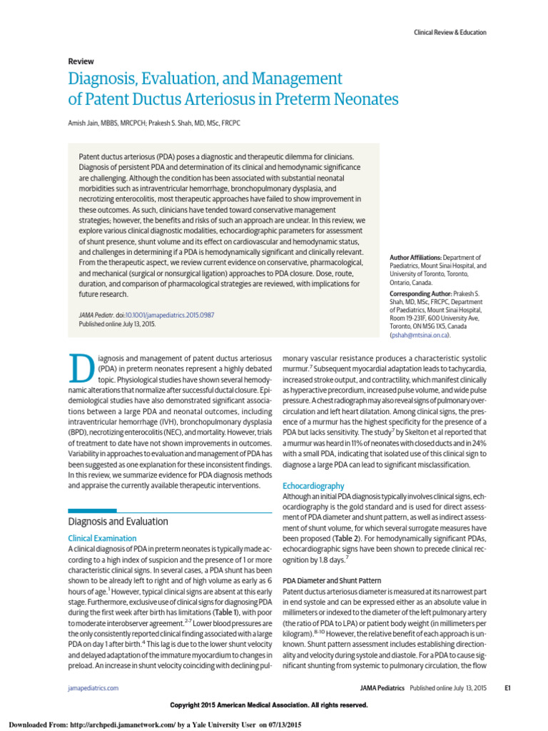 JAIN 2015 - PDA Diagnosis Evaluation and Management | PDF | Blood ...