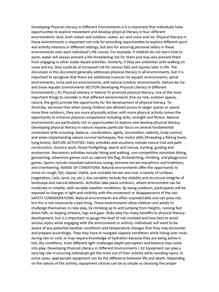 Developing Physical Literacy in Different Environments 4 It Is Important That Individuals Have ...