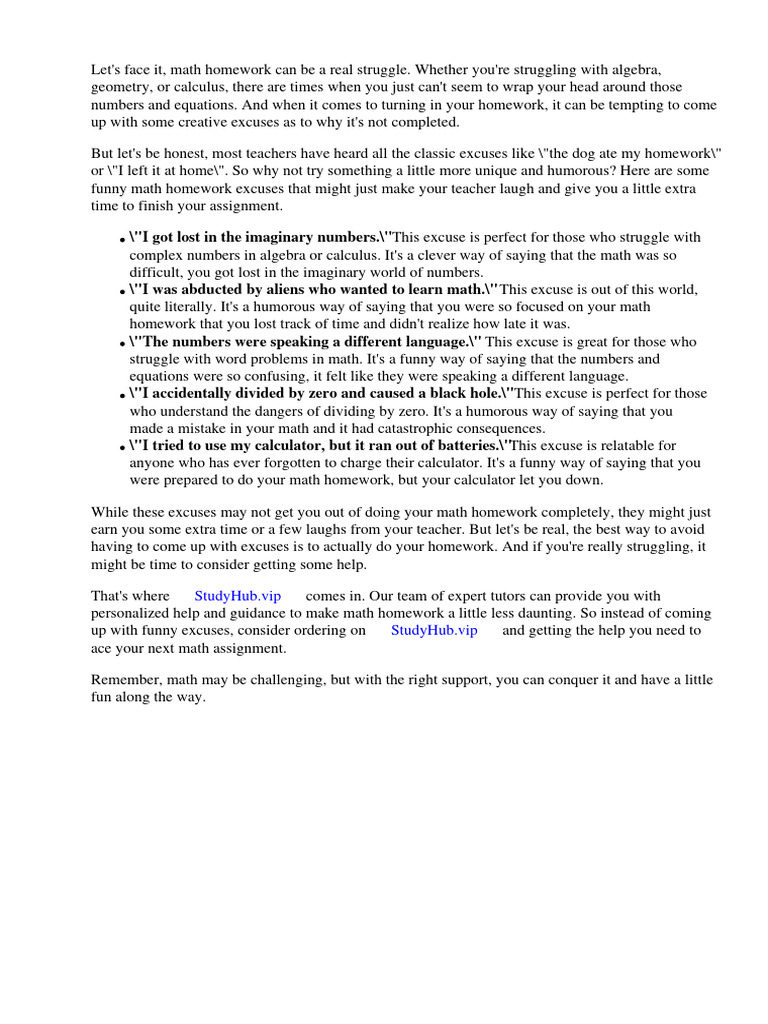 Funny Math Homework Excuses | PDF | Homework | Mathematics