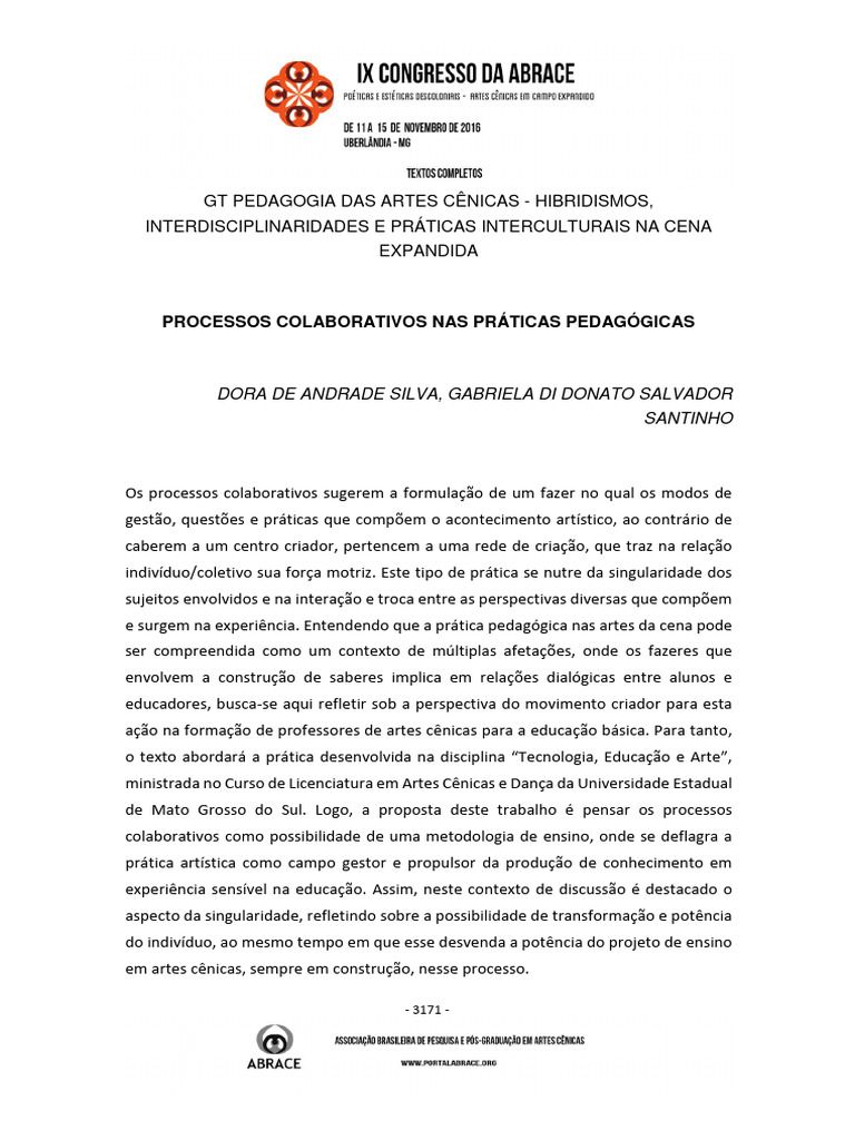 Processos Colaborativos em Artes Cênicas | PDF | Pedagogia | Aprendizado