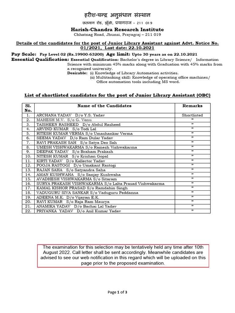 Final Shorlisted List Junior Library Assistant | PDF