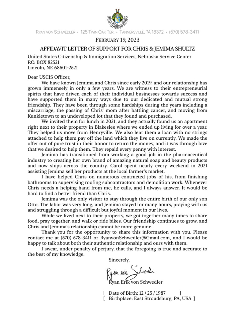 Affidavit Letter of Support 2023 Jemima Chris | PDF