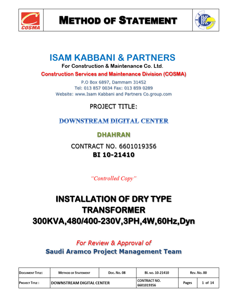 Method of Statement - Dry Type Transformer | PDF | Electrical Connector ...