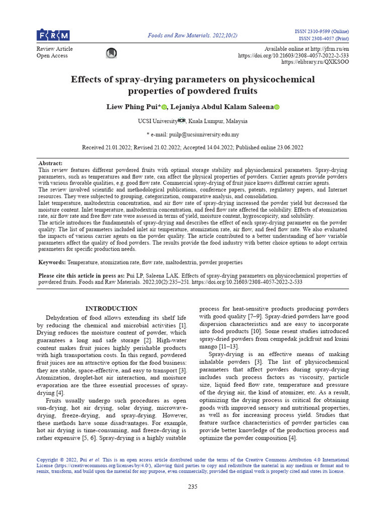 Effects of Spray Drying Parameters On Physicochemical Properties of Powdered Fruits | PDF ...