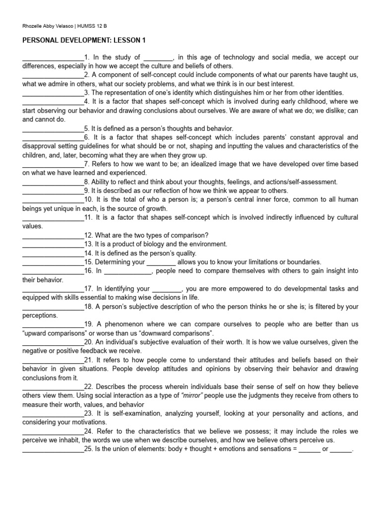 Personal Development - Review Quiz | PDF | Adolescence | Thought