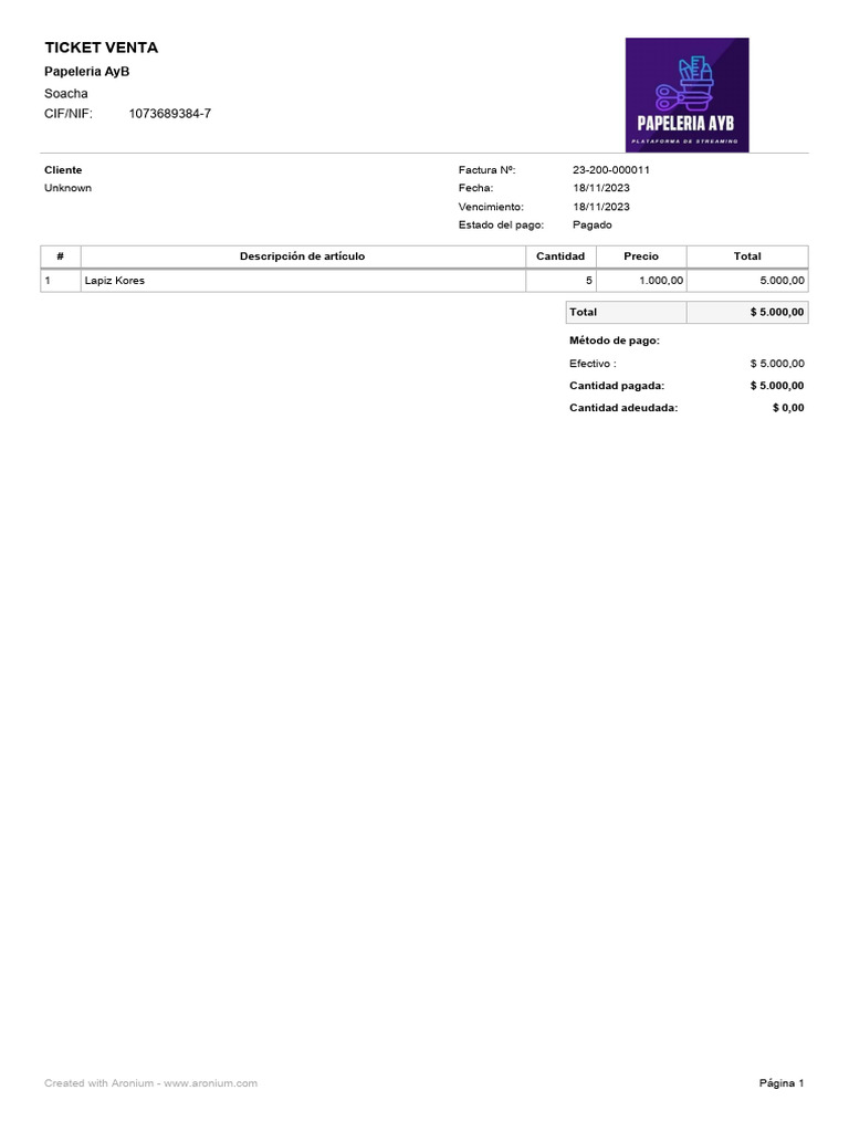 Ticket Venta: Soacha Cif/Nif: 1073689384-7 | PDF