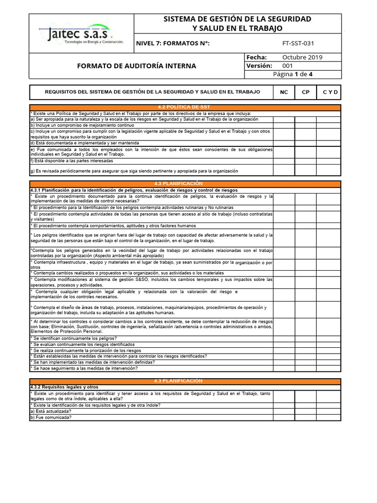 FT-SST-031 Formato de Auditoría Interna | PDF | Auditoría | Valores