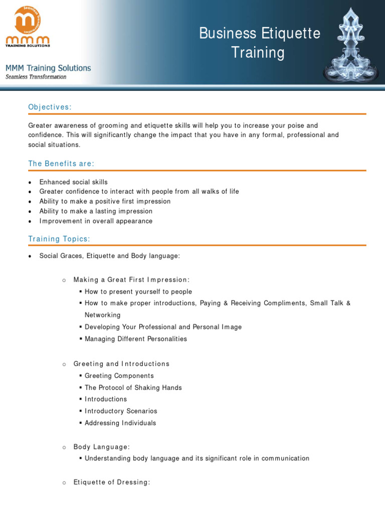 Business Etiquette & Personal Grooming Workshop | PDF | Body Language | Etiquette