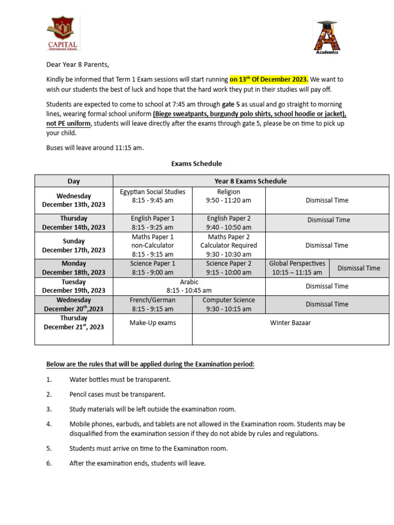 Y8 T1 Exams TimeTable and Topics Covered | PDF | Punctuation