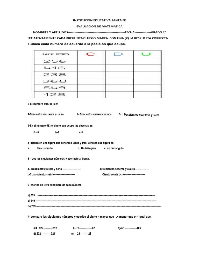 Evaluación Matemática 2° Grado | PDF