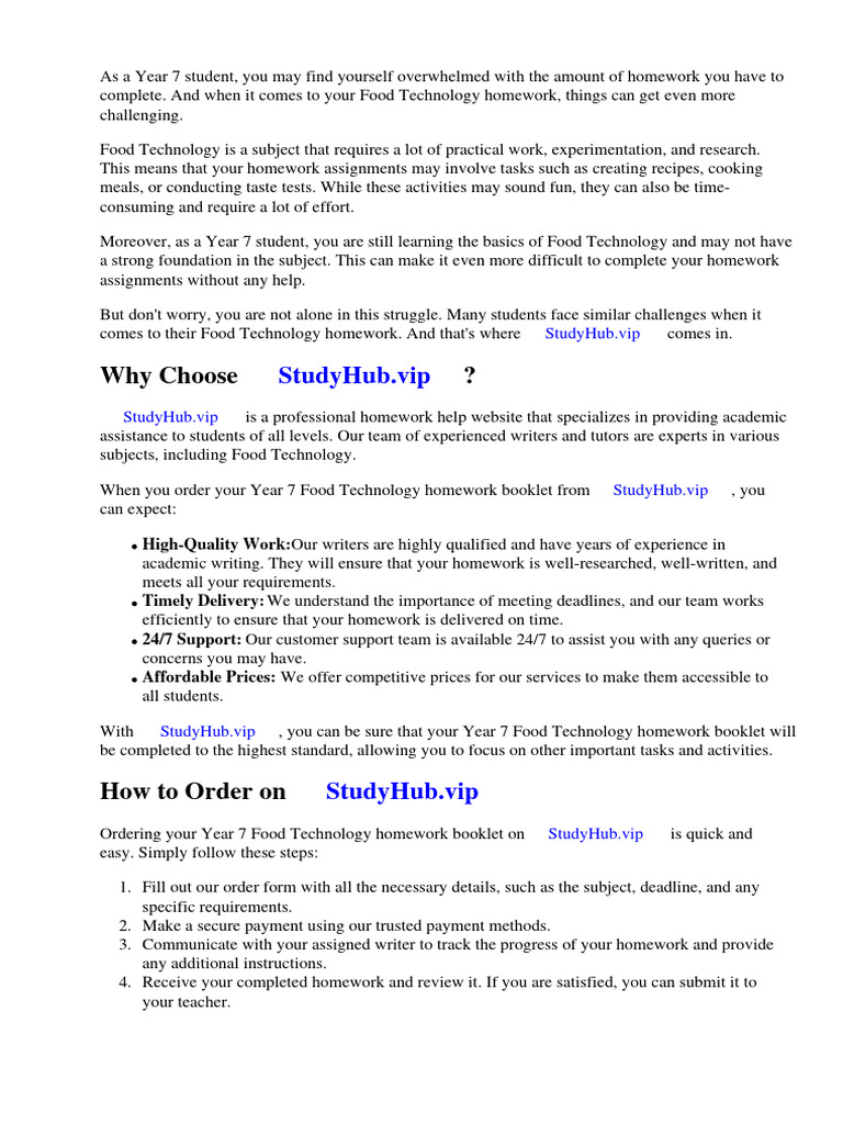 Year 7 Food Technology Homework Booklet | PDF | Homework | Lesson Plan