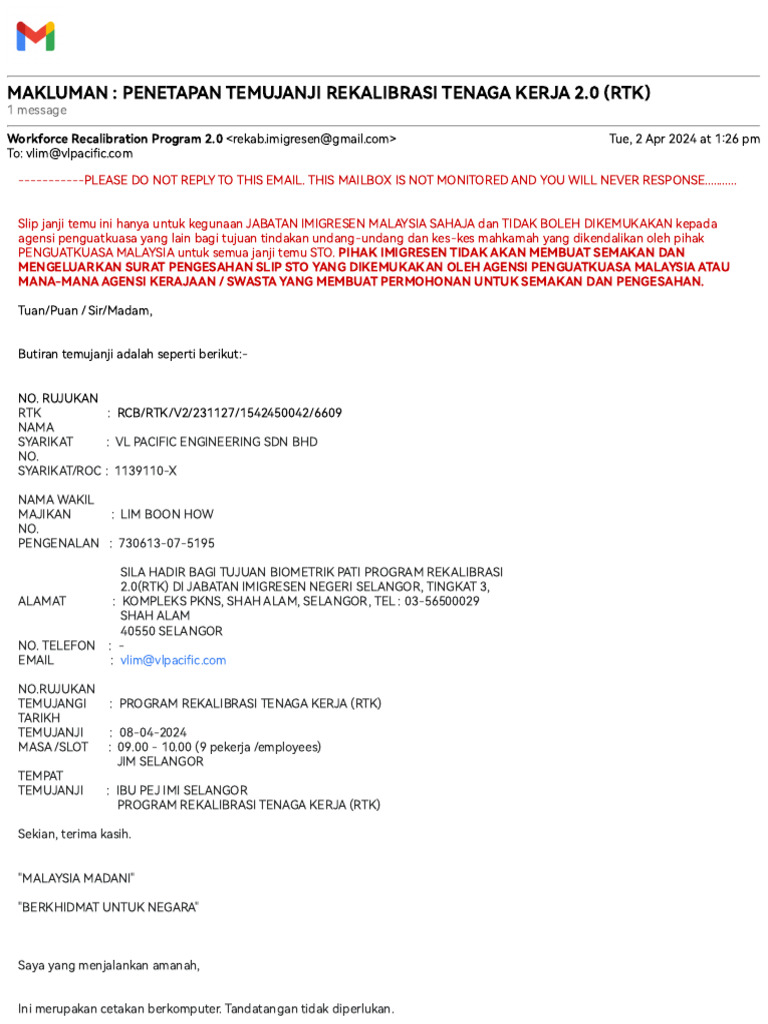 Gmail MAKLUMAN - PENETAPAN TEMUJANJI REKALIBRASI TENAGA KERJA 2.0 (RTK) | PDF