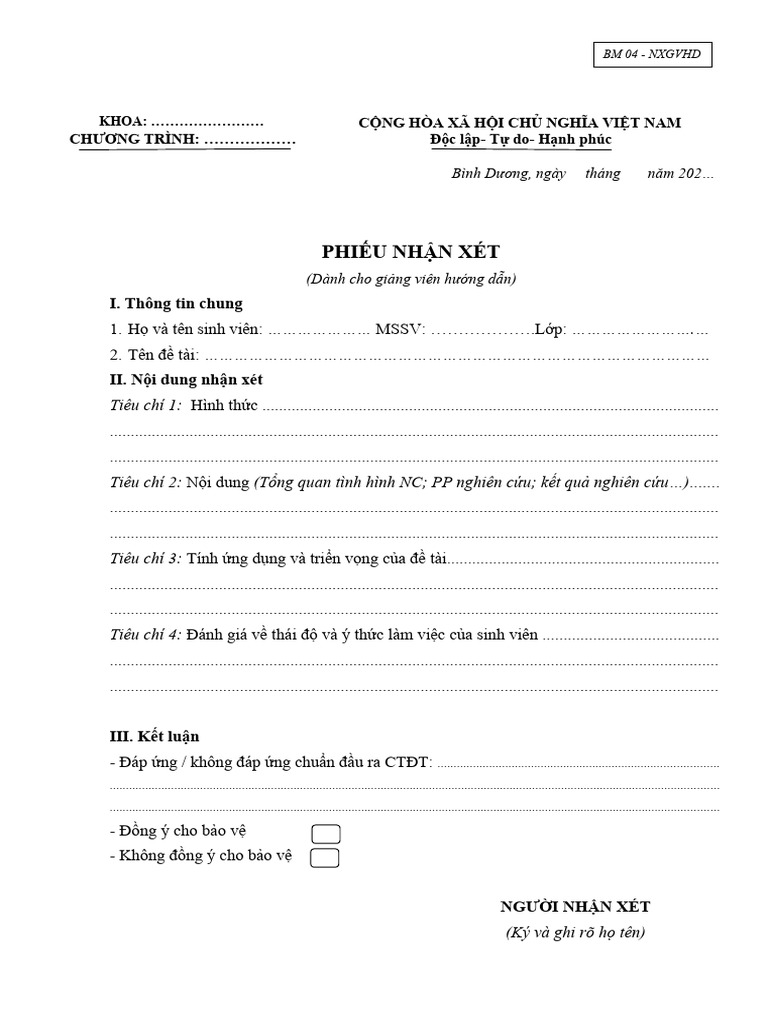 BM 04 Nhan Xet GVHD | PDF