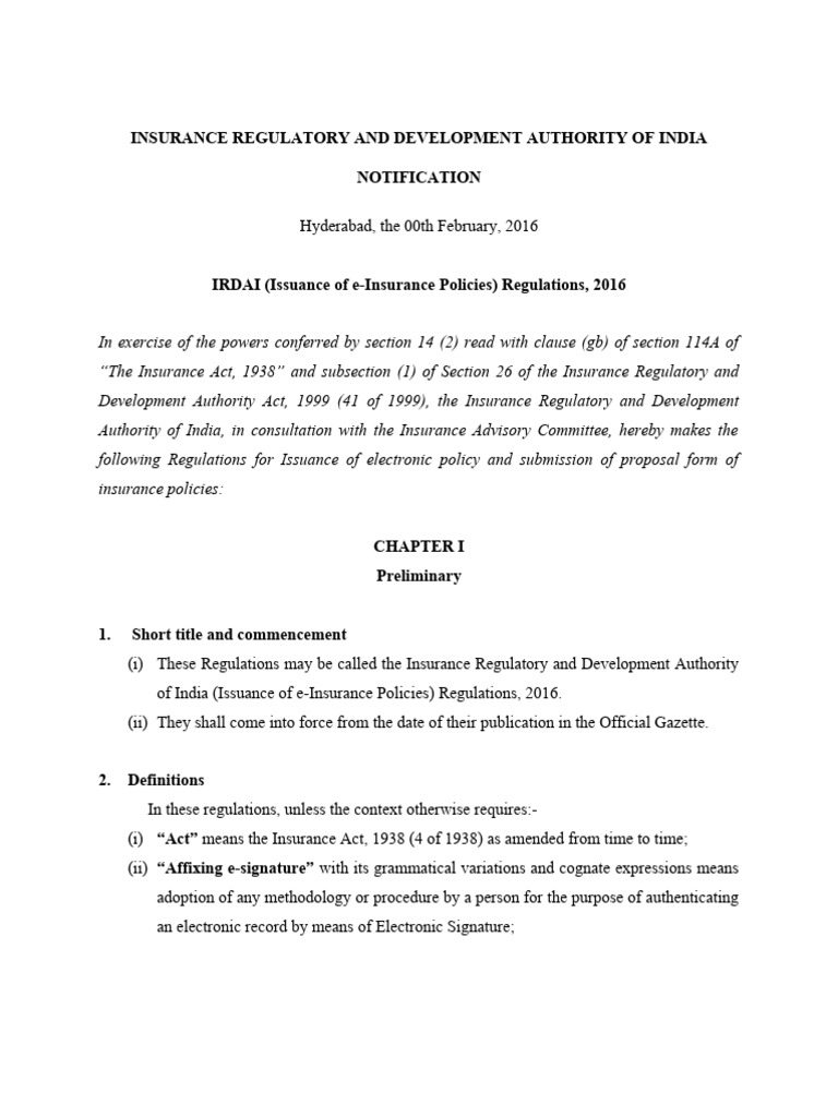 11-02-2016 IRDAI (Issuance of E-Insurance Policies) Regulations, 2016 ...