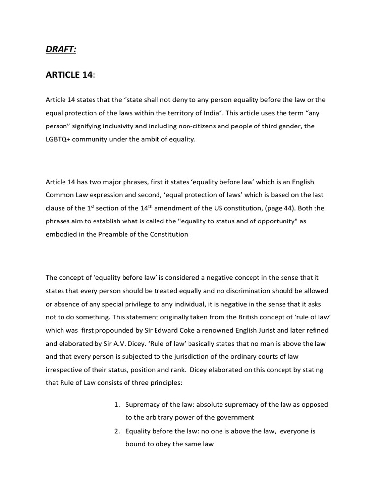 Article 14:: Draft | PDF | Rule Of Law | Equal Protection Clause