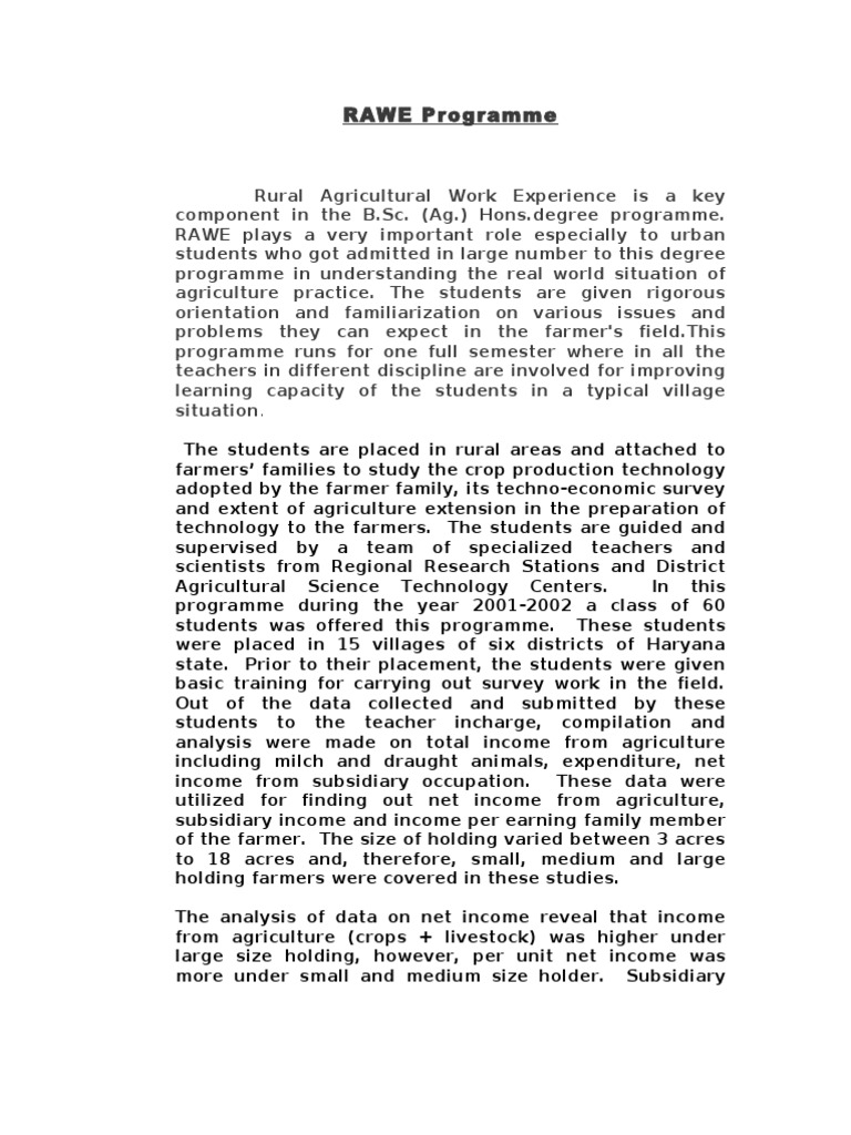 RAWE Programme: Rural Agricultural Work Experience Is A Key | PDF ...