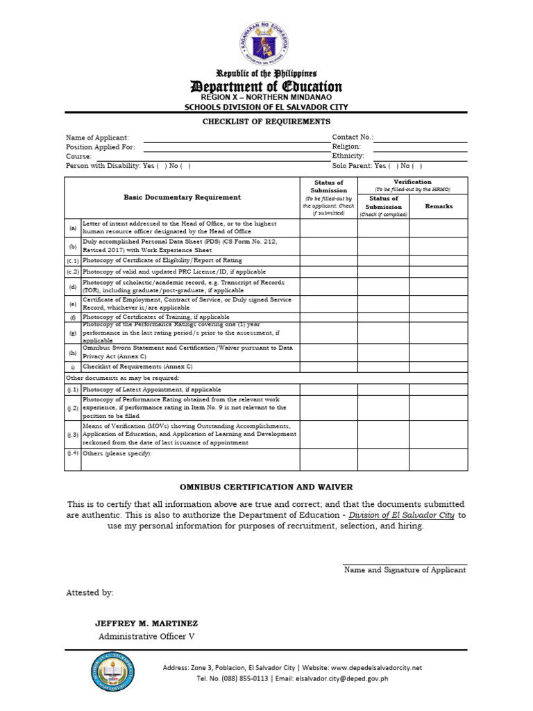 Checklist of Requirements Enclosed Herewith With Omnibus Sworn Statement and Certification ...