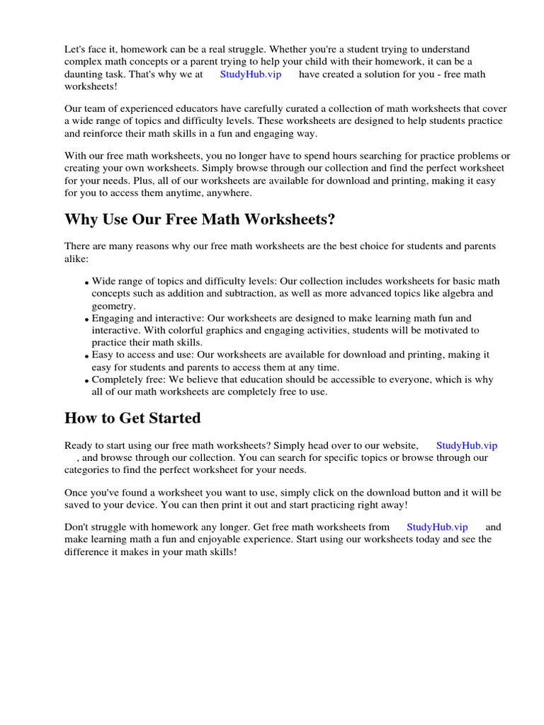 Free Homework Math Worksheets | PDF | Worksheet | Mathematics