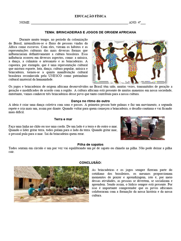 Atividade Educação Física Semana 2 - Jogos Brincadeiras de Matriz ...