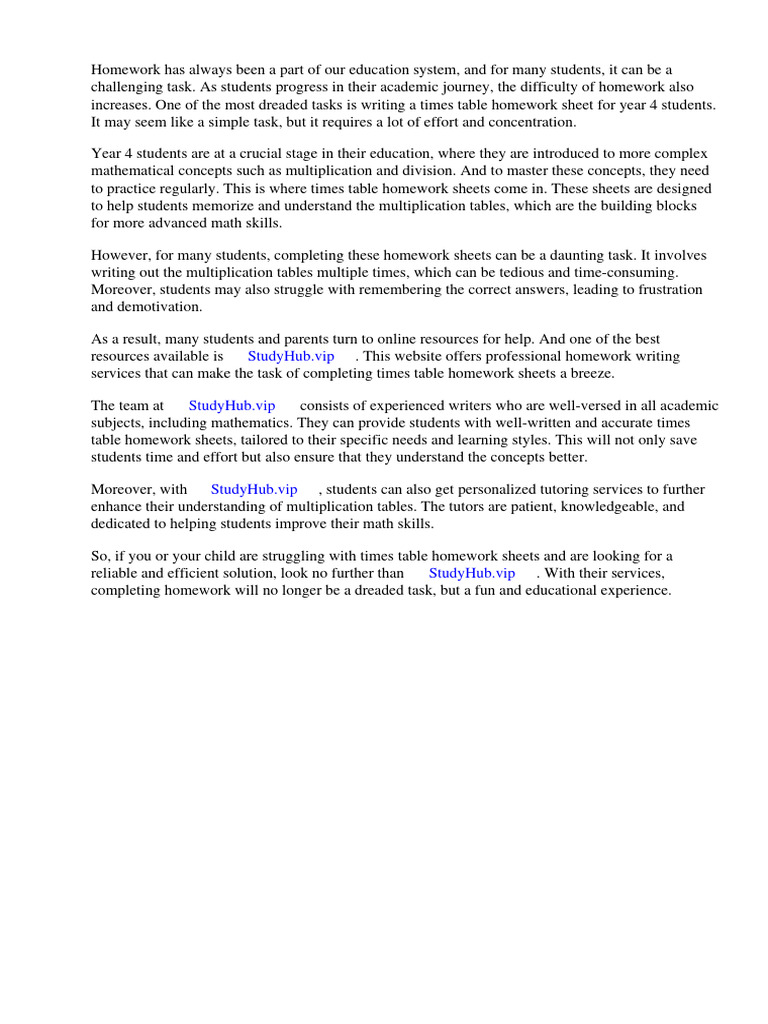 Times Table Homework Sheets Year 4 | PDF | Worksheet | Multiplication