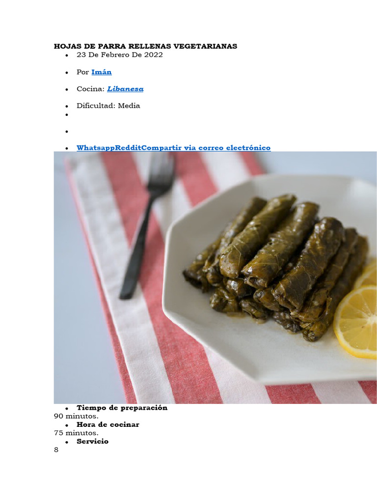 Hojas de Parra Rellenas Vegetariana2 | PDF | Relleno | Cocinando