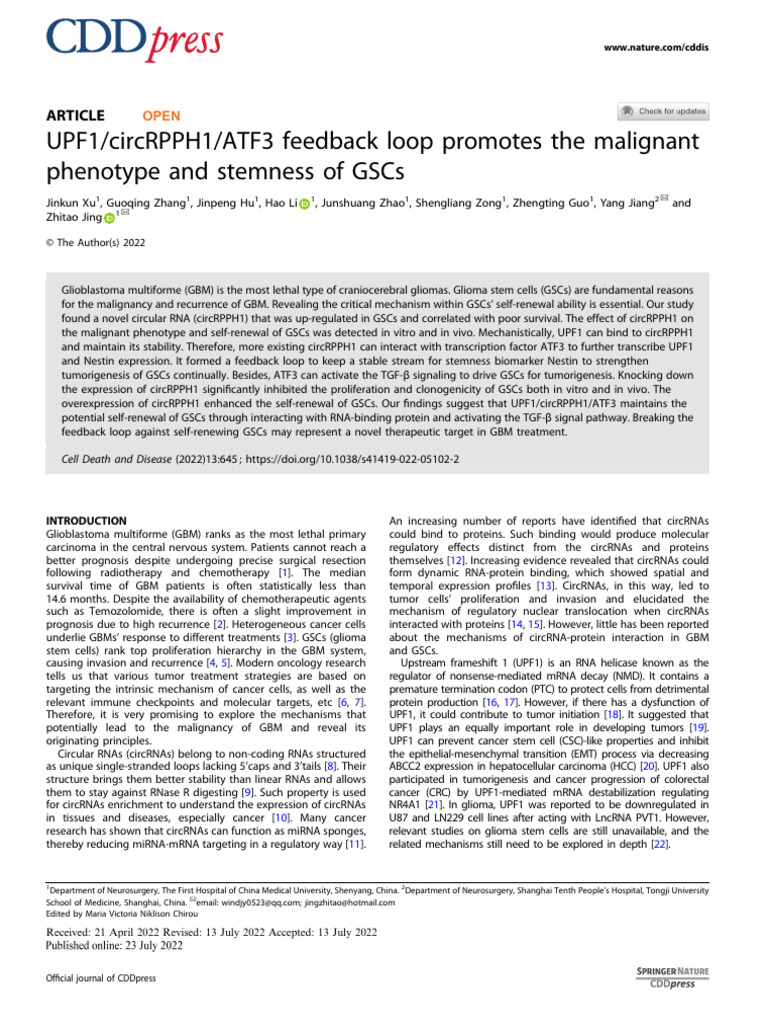 2022-oncogene-UPF1:circRPPH1:ATF3 Feedback Loop Promotes The Malignant ...