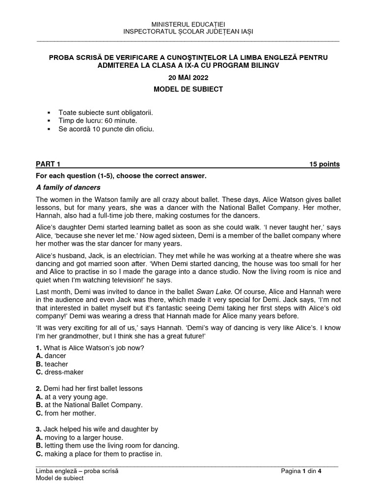PROBA SCRISA - MODEL SUBIECT 2022 - Var 1 | PDF | Ballet | Dances