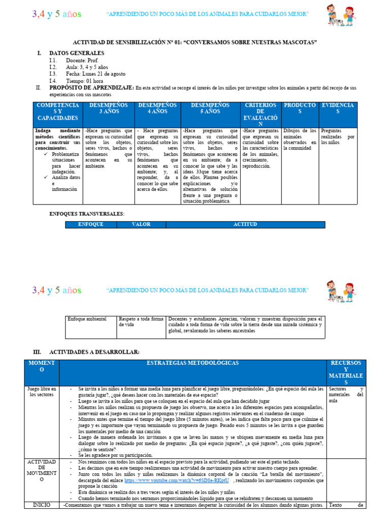 Sesiones Unidocente Del 21 de Agosto Al 01 Set Aprendiendo Un Poco Mas de Los Animales | PDF ...