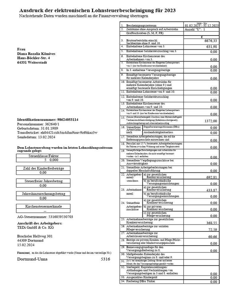 Lohnsteuerbescheinigung 2023 | PDF
