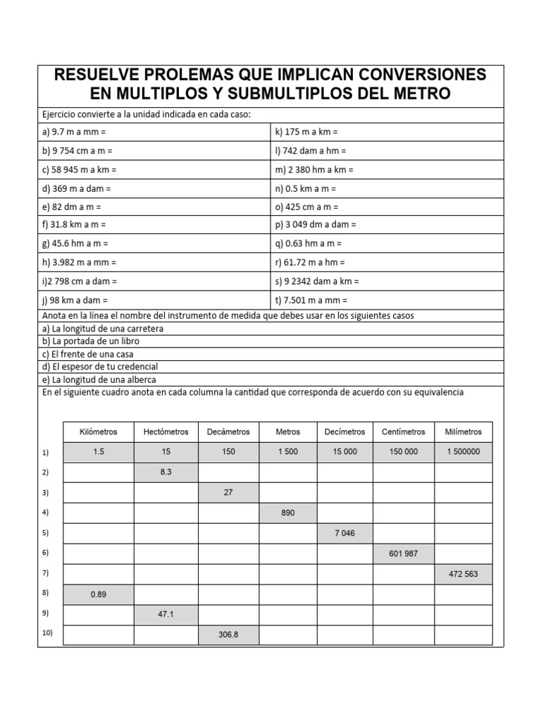 Resuelve Prolemas Que Implican Conversiones en Multiplos y Submultiplos Del Metro | PDF | Litro ...