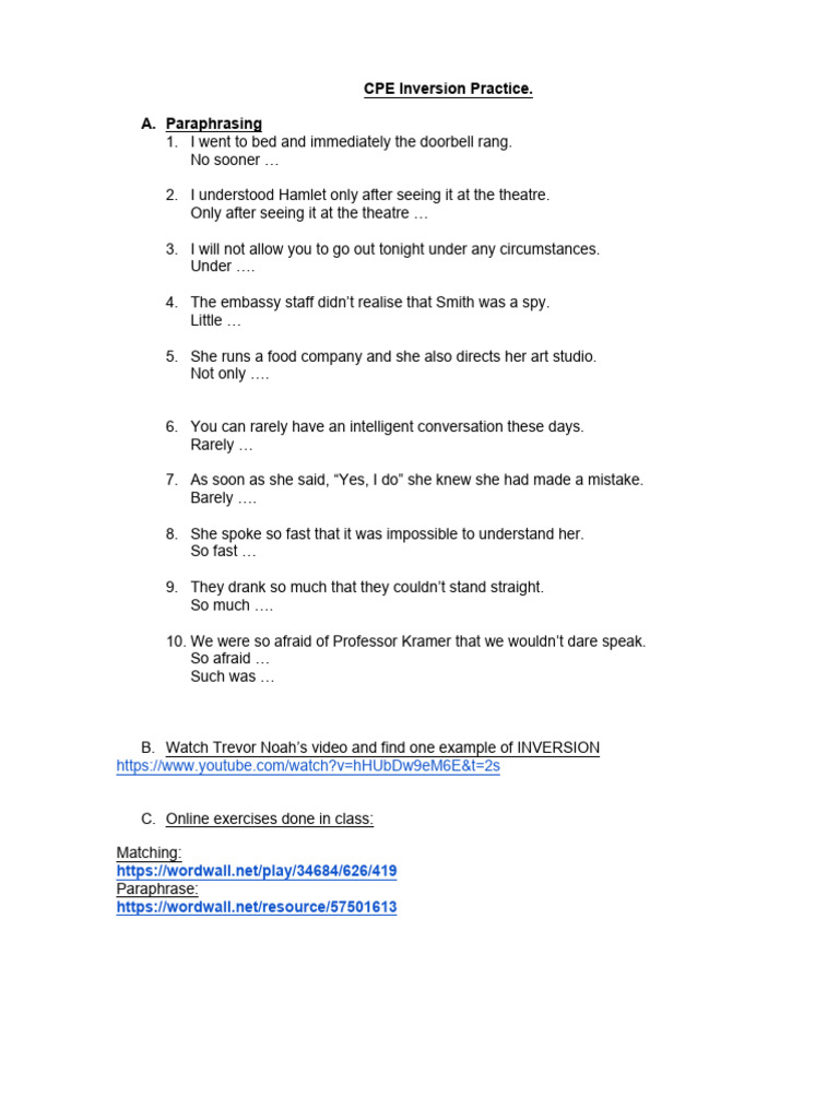 CPE Inversion Practice Exercises | PDF