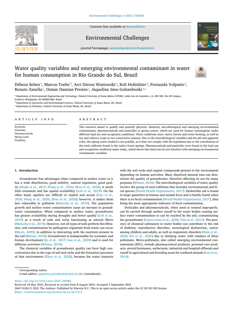 Water Quality Variables and Emerging Environmental Contaminant in Water ...
