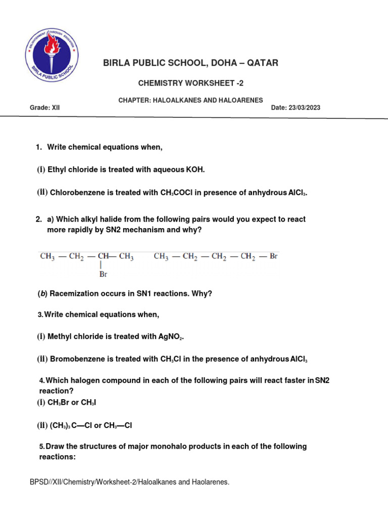 Worksheet 2 of Haloalkanes and Haloarenes | PDF | Chemical Reactions ...
