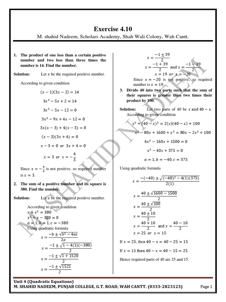Quadratic Equations Exercises Solutions | PDF | Square Root | Area