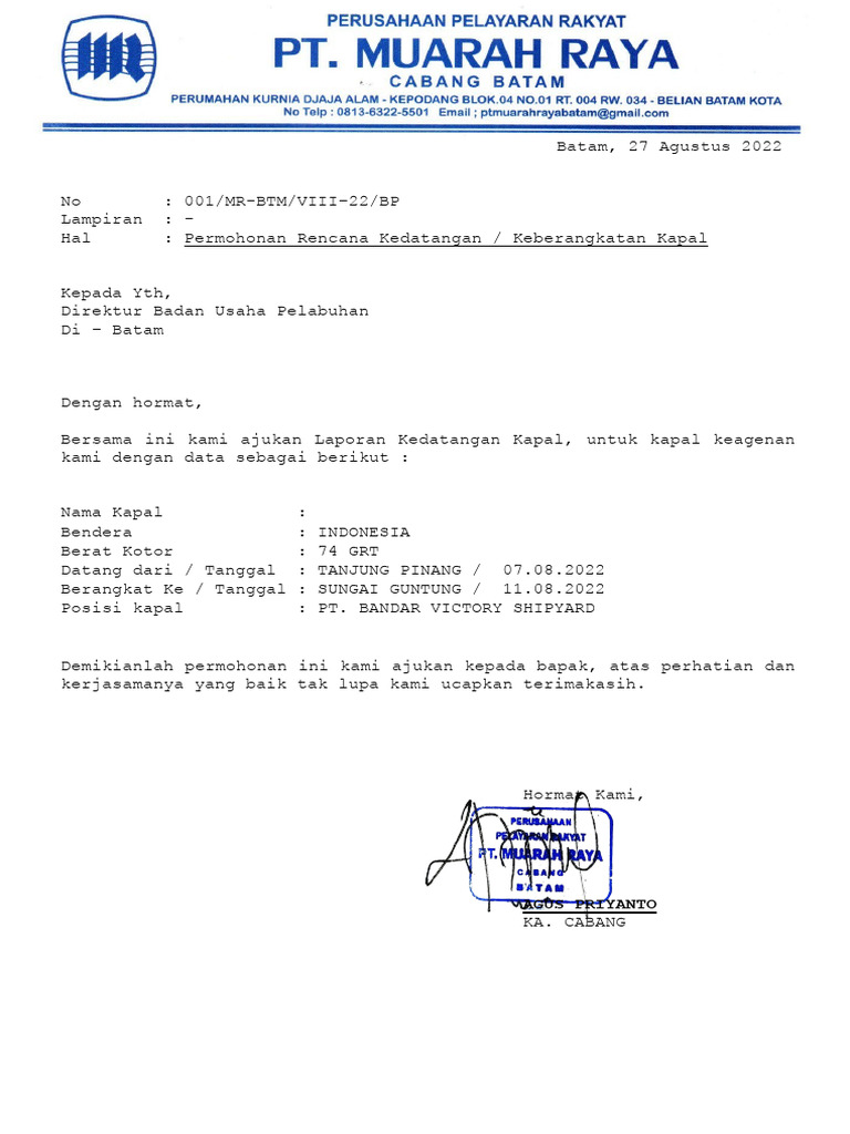 Permohonan Pemberitahuan Kedatangan Kapal | PDF