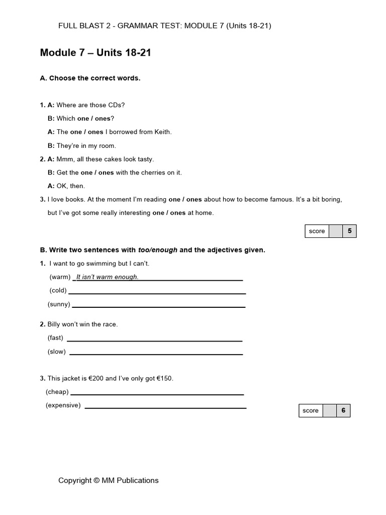 Full Blast 2 - Grammar Tests - Mod 7 | PDF