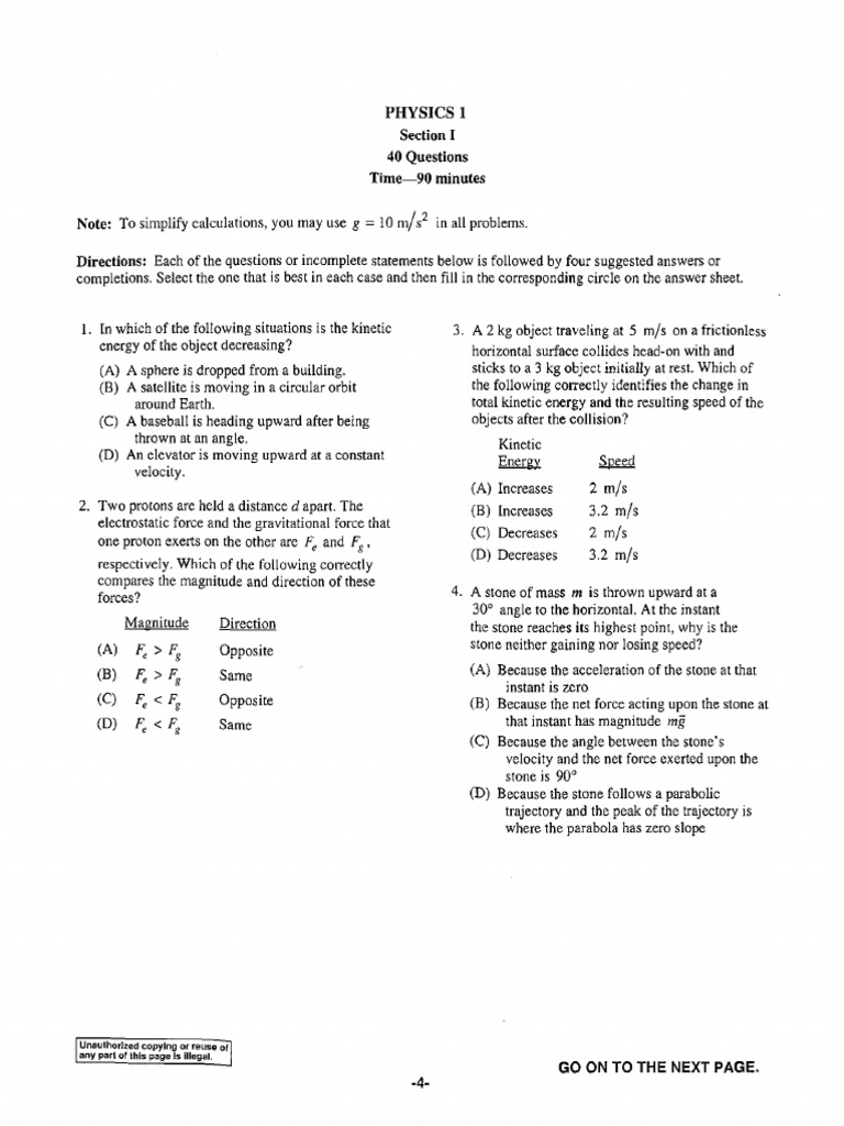 AP Physics 1 Exam Practice Questions | PDF | Force | Applied And ...