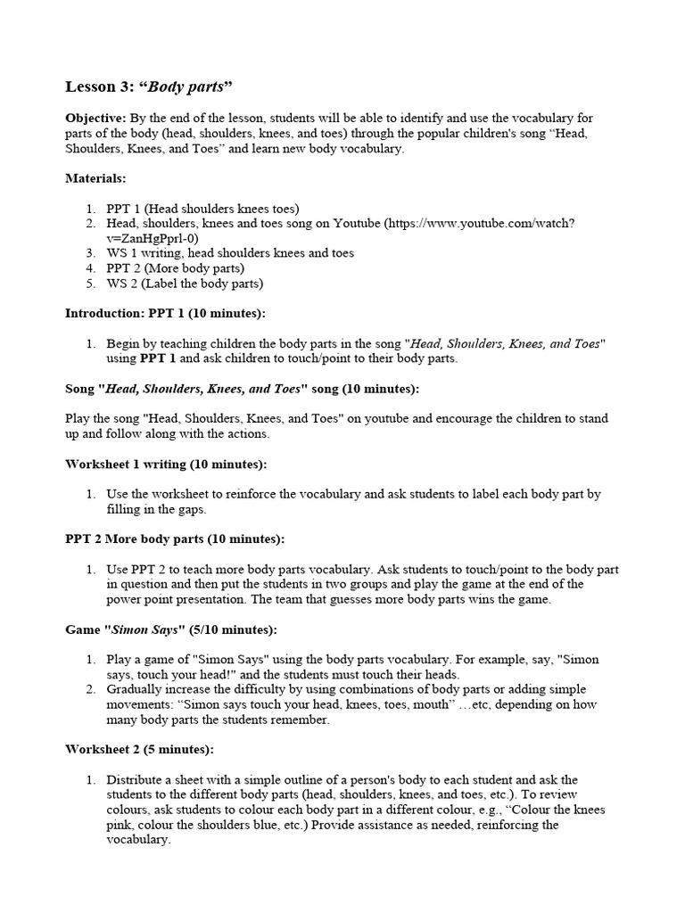 Lesson 3 - Body Parts | PDF | Cognitive Science | Cognition