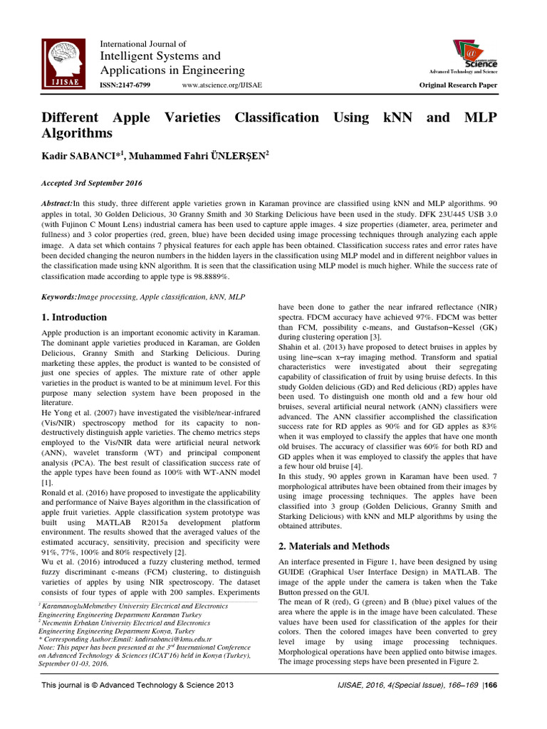 Different Apple Varieties Classification Using kNN and MLP Algorithms ... Different Apple Varieties Classification Using kNN and MLP Algorithms ...