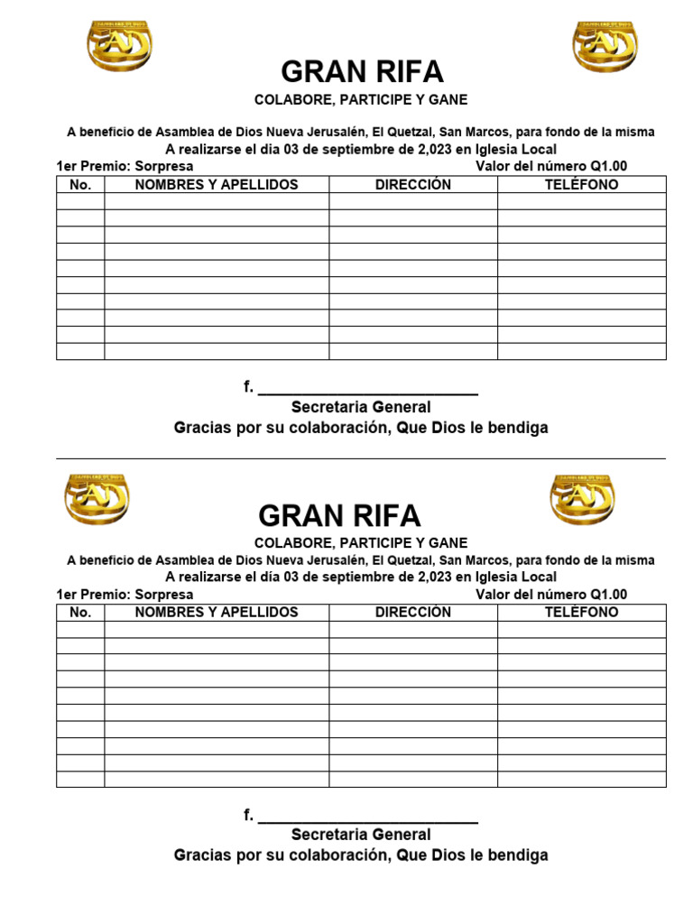 Rifa a Beneficio de Nueva Jerusalén | PDF | Cocina, comidas y vino | Hogar, jardinería y bricolaje