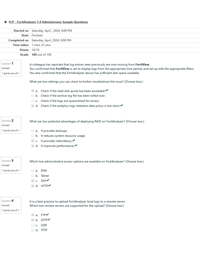 FCP - FortiAnalyzer 7.4 Administrator Sample Questions | PDF | Databases | Information Retrieval