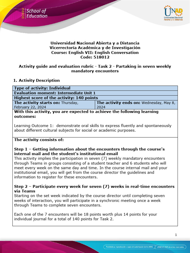 Activity Guide and Evaluation Rubric - Unit 1 - Task 2 - Partaking in Seven Weekly Mandatory ...