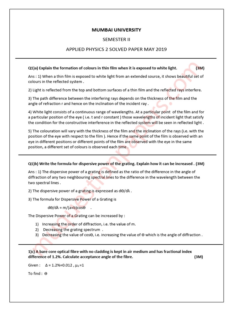 Be - First Year Engineering - Semester 2 - 2019 - May - Applied Physics II Cbcgs | PDF | Optical ...