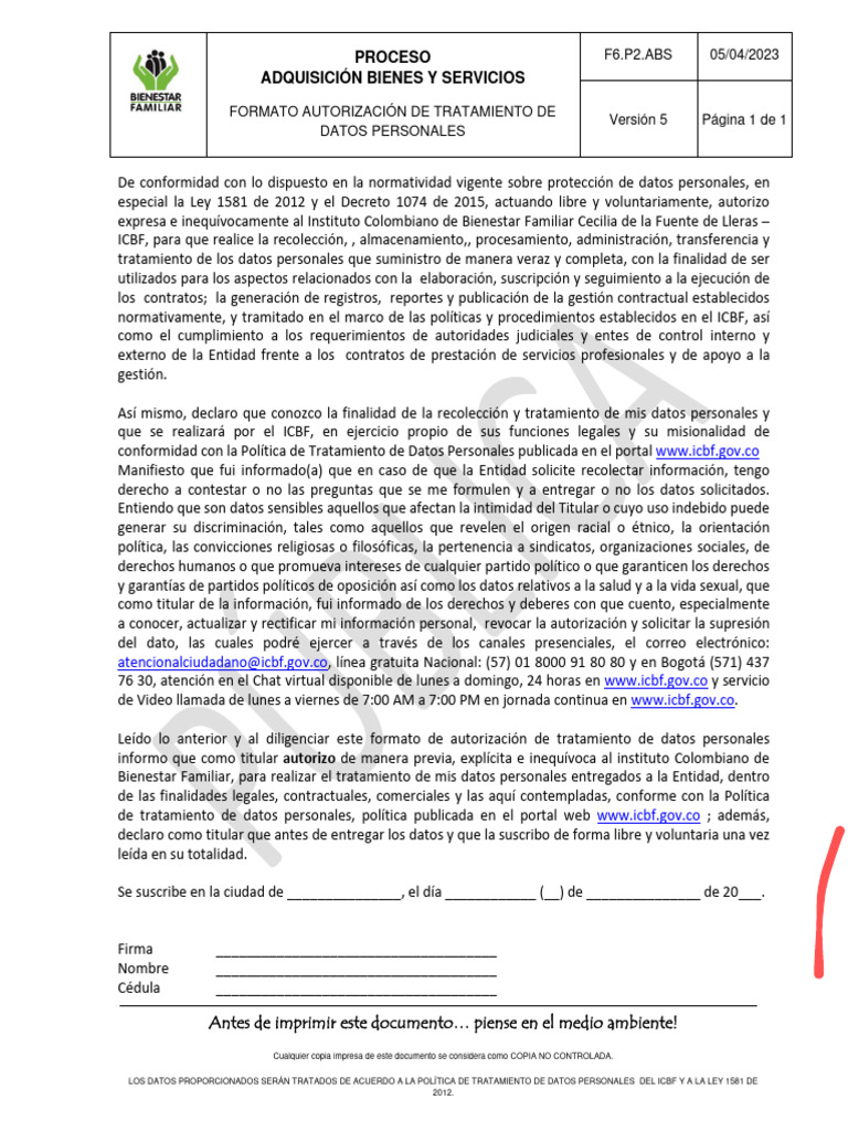 ANEXO 9_FORMATO AUTORIZACIÓN DE TRATAMIENTO DE DATOS PERSONALES | PDF | Justicia | Crimen y ...
