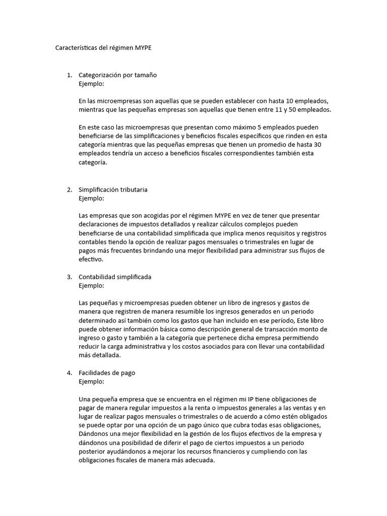 Características Del Régimen MYPE | PDF | Contabilidad | Pequeñas y ...