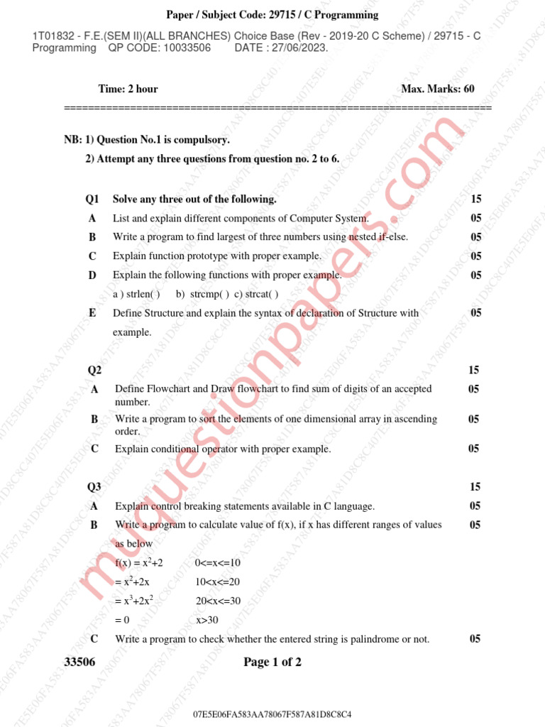 Be - First Year Engineering - Semester 2 - 2023 - May - C Programming Rev 2019c Scheme | PDF