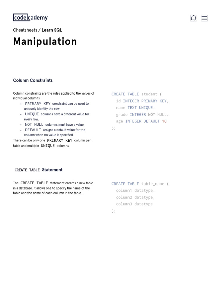 Learn SQL - Manipulation Cheatsheet - Codecademy | PDF | Table ... Learn SQL - Manipulation Cheatsheet - Codecademy | PDF | Table ...